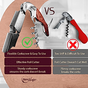 Bere Vino Professional Wine Opener with Foil Cutter | Manual Waiter Corkscrew, Wine Key for Servers and Bartenders | Stainless Steel Rosewood Wine Bottle Opener with Can/Bottle Opener for Home