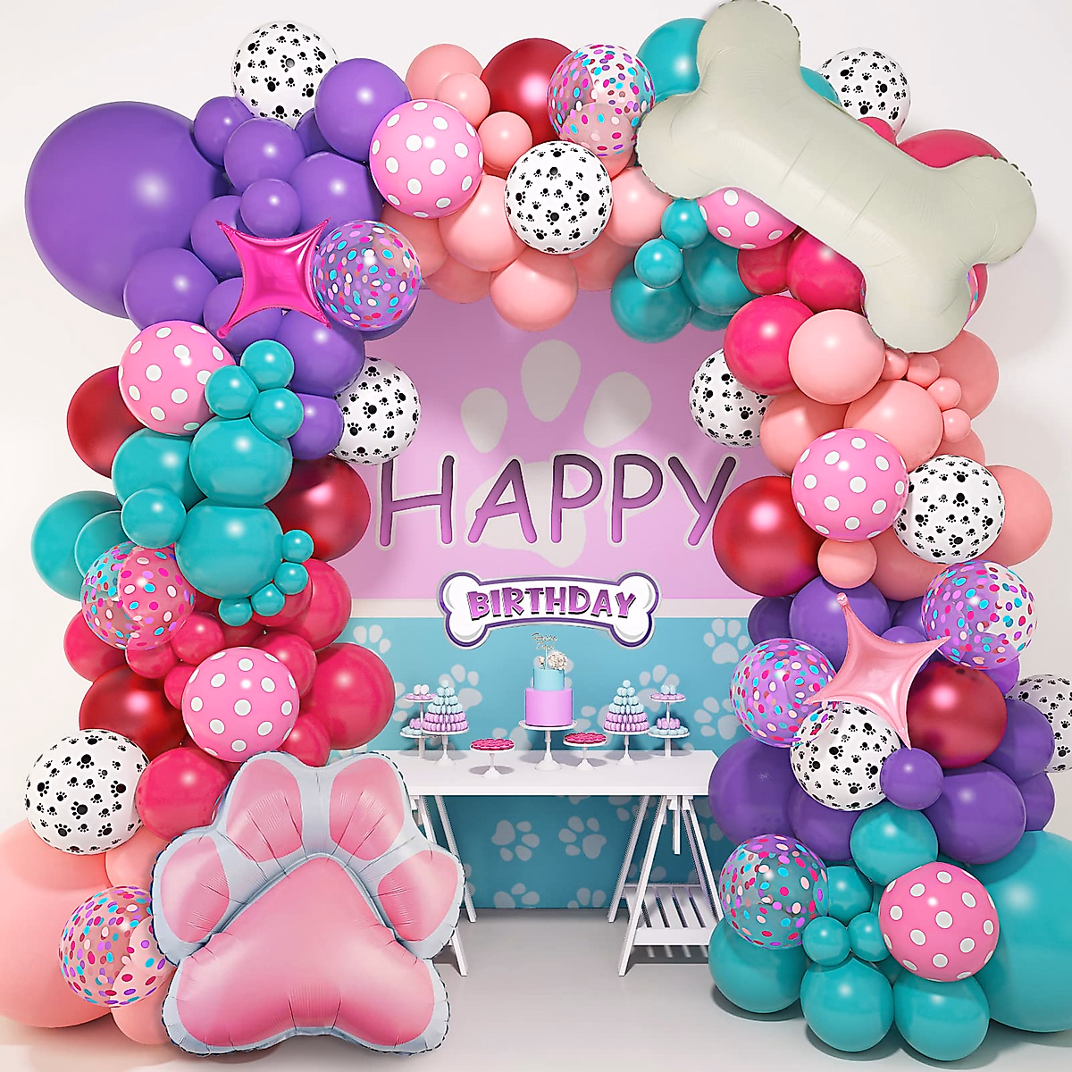 151Pcs Paw Balloons Garland Arch Kit with Dog Bone Paw Print Star Foil Balloons Pink Purple Turquoise Confetti Balloons for Girls Puppy Themed Birthday Baby Shower Party Decorations