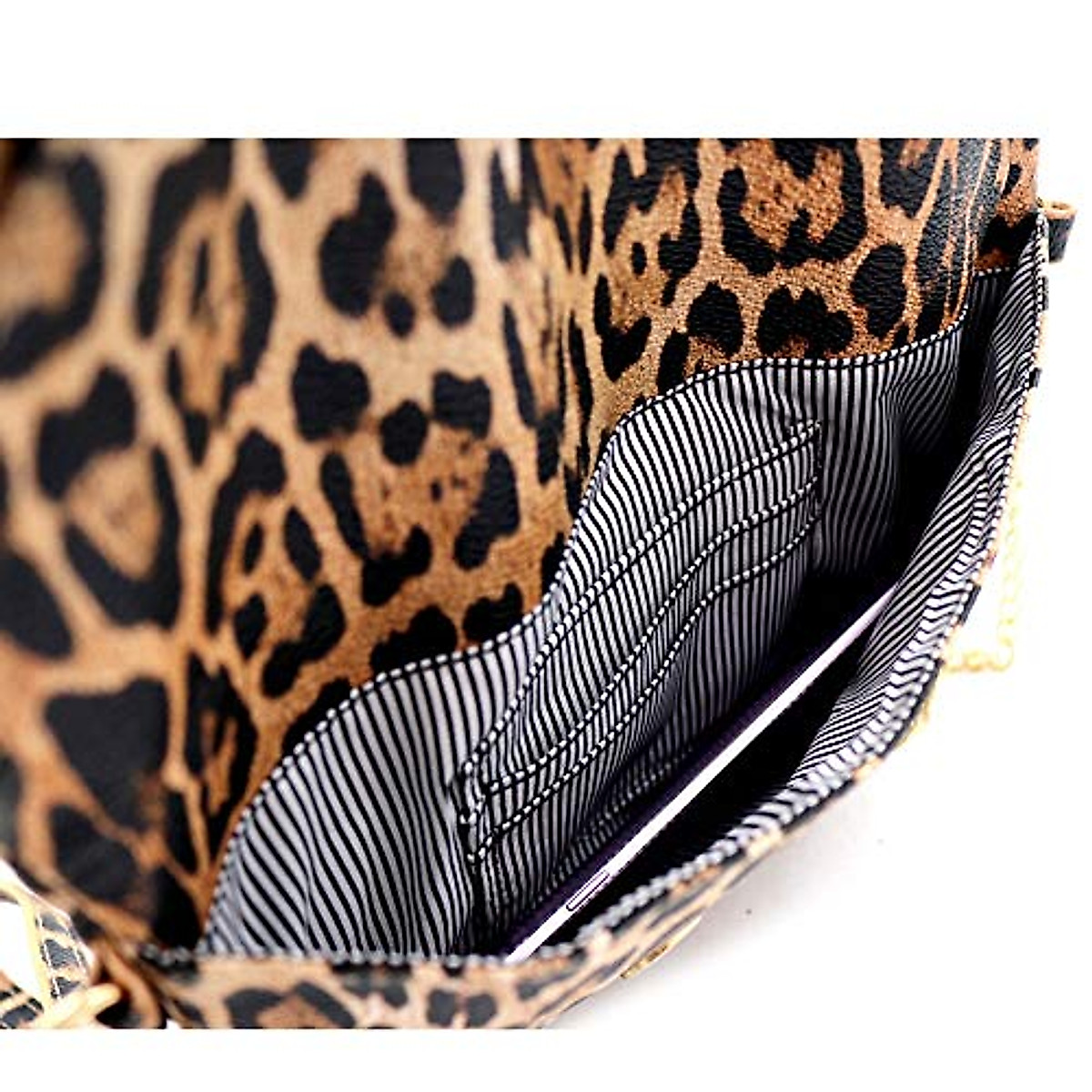 Trendeology Fashion PU Leather 2 Way Flap Clutch Wristlet Bag with Chain Shoulder strap (1Leopard Print - 1Tan)