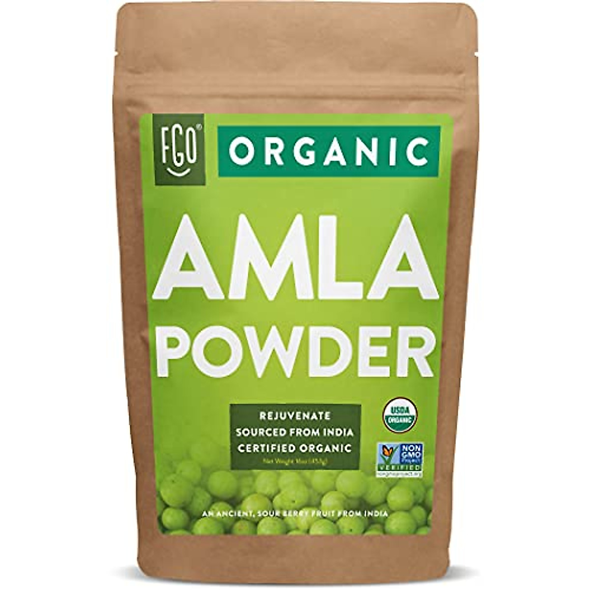 Organic Amla Powder (Amalaki) | 16oz Resealable Kraft Bag (1lb) | 100% Raw From India | by FGO