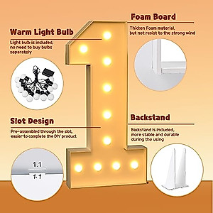 imprsv 4FT Marquee Numbers, Marquee Light Up Numbers for 1st 21st Birthday Decorations, Marquee Light up Letters Anniversary Party Decor, Mosaic Numbers for Balloons Number 1, Pre-Cut Foam Board Kit