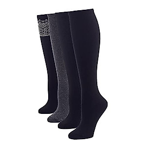 HUE Women's 4 Pack Flat Knit Knee High Sock, Black Combo