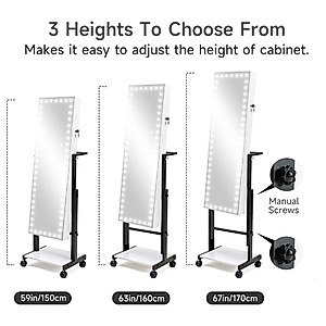 LAVIEVERT LED Mirror Jewelry Cabinet with 4 Wheels, 47.2" Full Length Mirror with 3 Color Lights, Lockable Jewelry Armoire with Built-in Mirror, Bottom Shelf, 3 Adjustable Angles & Height - White