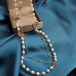 Designer Imitation Pearl Neckalce Camellia Flower Long Double Stranded Necklace Jewelry for Woman Pearl Jewellery
