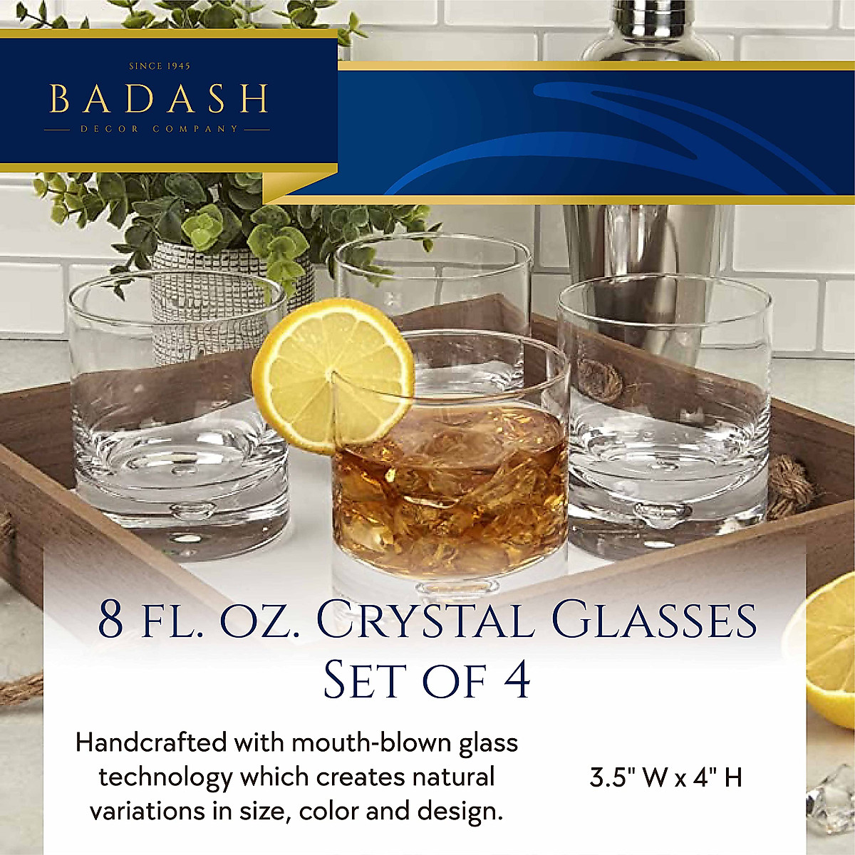 Badash Galaxy Crystal Old Fashioned Glasses - Set of 4 Mouth-Blown Lead-Free Crystal 8 oz. Rocks Glasses for Whiskey, Bourbon & Scotch