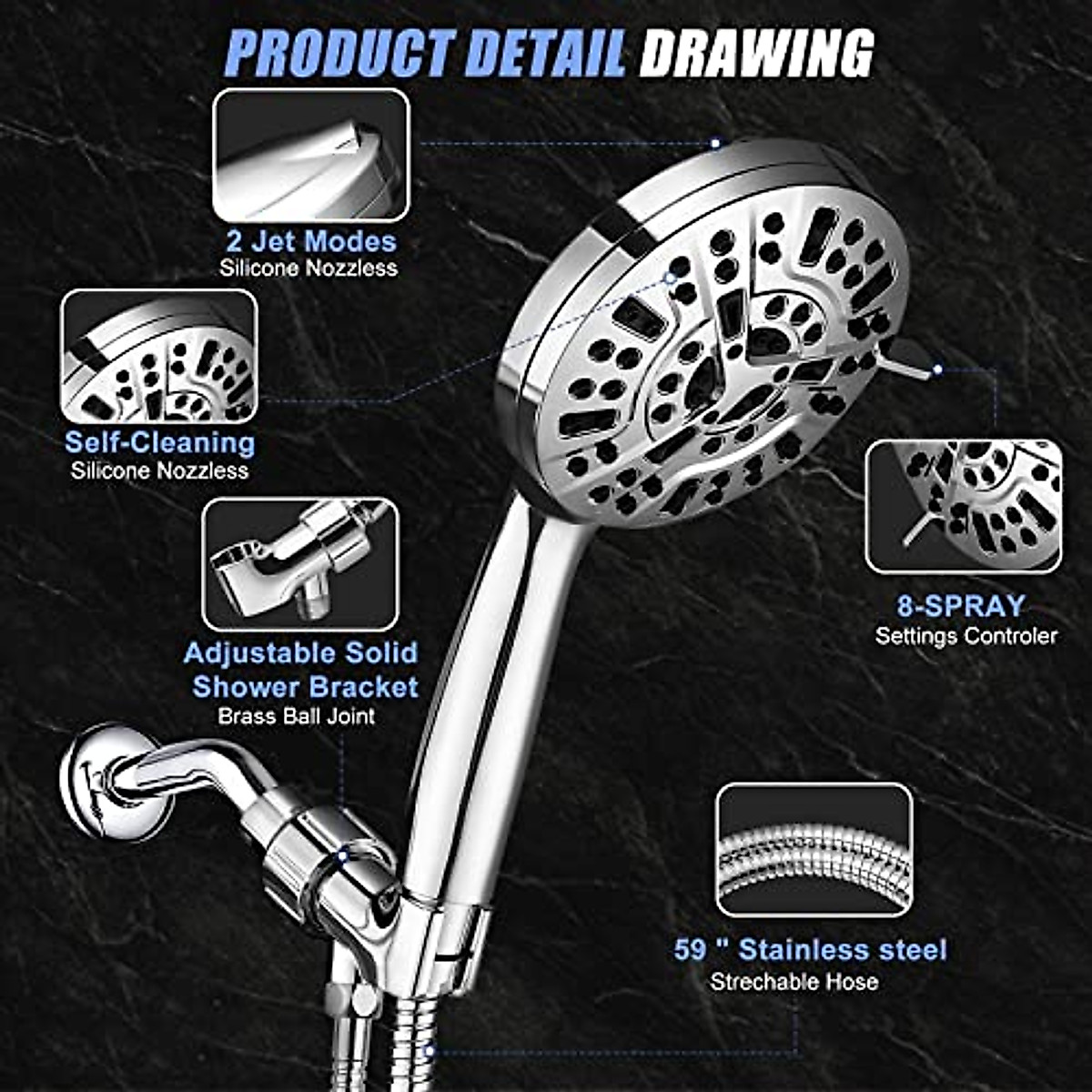 Likense High Pressure Shower Head with Handheld, 10 Spray Settings Water Saving Shower Heads with Stainless Steel Hose,Holder & PTFE Tape, Wider Silver Face for Tubs Tiles Walls Pets Cleaning
