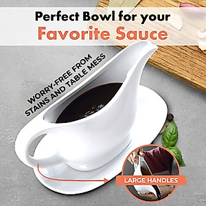 Bruntmor 11 Oz White Ceramic Gravy Boat With Tray, 11 Ounce Small Ceramic Serving Dish, Dispenser with Tray For Sauces, Gravy Boats With Saucer For Thanksgiving And Christmas Dinner