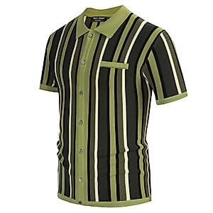PJ PAUL JONES Mens Short Sleeve Knit Golf Shirt Retro 90s Stripe Polo Shirts Green L