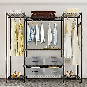 Wekity Wire Garment Rack Heavy Duty Clothes Rack，Closet Organizer Metal Garment Rack Portable Clothes Hanger Home Shelf Fabric Drawers，Freestanding Closet Wardrobe (Black)