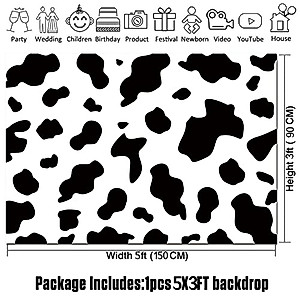 HQM Cow Party Photography Backdrops Black and White Cow Farm Animal Happy Birthday Photo Background Kid's Birthday Party Newborn Baby Shower Banner Props Supplies 5x3ft