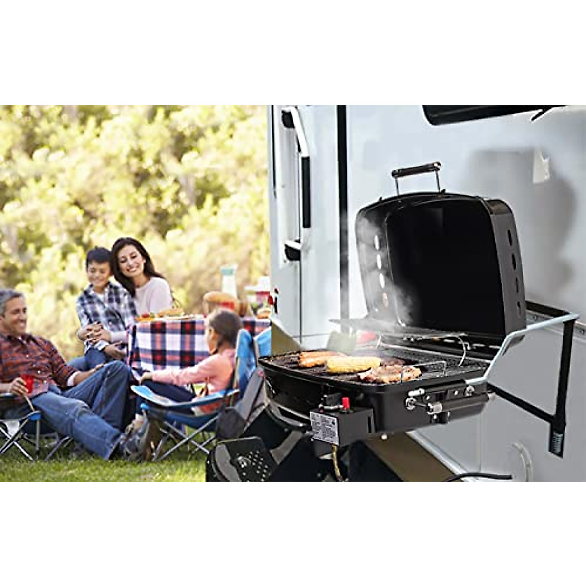 Flame King RV Or Trailer Mounted BBQ - Motorhome Gas Grill - 214 Sq Inch Cooking Surface - Adjustable Flame Controller & 48 Inch Quick Connect Hose