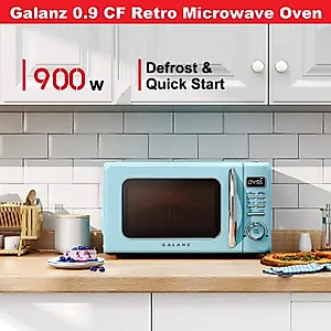 Galanz GLCMKZ09BER09 Retro Countertop Microwave Oven with Auto Cook & Reheat, Defrost, Quick Start Functions, Easy Clean with Glass Turntable, Pull Handle, 0.9 cu ft, Blue
