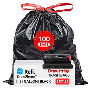 Reli. 39 Gallon Trash Bags Drawstring (100 Count) Large 39 Gallon Heavy Duty Drawstring Trash Bags - Black Garbage Bags 39 Gallon Capacity, Lawn Leaf (39 Gal)