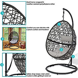 Sunnydaze Caroline Hanging Egg Chair Swing with Steel Stand Set - All-Weather Construction - Resin Wicker Porch Swing - Large Basket Design - Outdoor Lounging Chair - Includes Gray Cushions