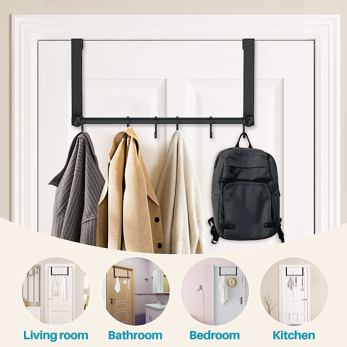 Bntuk Over The Door Hooks, Over Door Towel Racks with 6 Adjustable Hooks, Sturdy Door Hanger Hooks for Hanging Heavy Coats/Towel/Bag, Bathroom Kitchen Organizer, Black