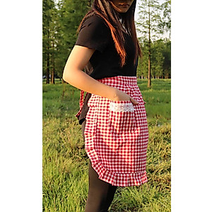 CRB Fashion Waist Pocket Half Bistro Kitchen Cooking Apron Fits Size XS to Large Red Checkered