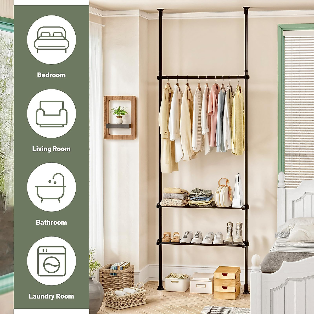 DYN Ptah Floor to Ceiling Adjustble Garment Rack, Heavy Duty Clothes Rack with 2 Shelves, Free Standing Clothing Hanger Tension Rod Cloth Storage Rack Black