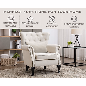 Kmax Fabric Club Chair Tufted Throne Chair Mid Century Accent Wingback Chair Padded Seating Wood Legs Home Club Bedroom Living Room, Beige