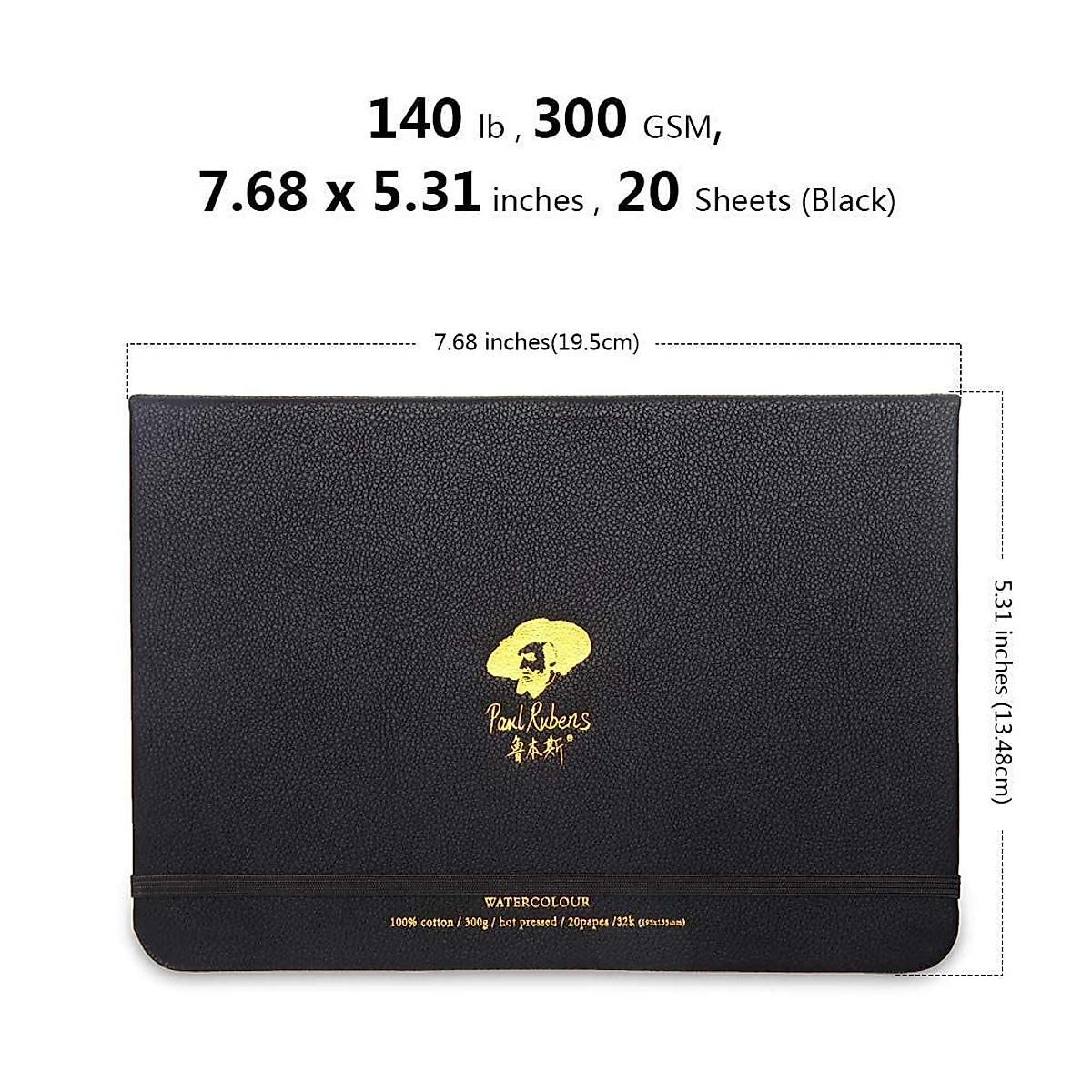 Paul Rubens Watercolor Paper Block, Premium Leather Cover Artist Quality Hot Pressed Paper for Watercolors and Wet Media Block, 100 Percent Cotton, 7.68 x 5.31 inches, 140lb, 20 Sheets (Black)