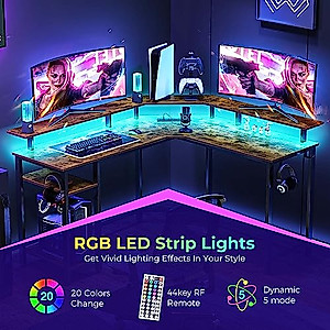 Rolanstar L Shaped Gaming Desk with LED Lights & Power Outlets, 55.1" Computer Desk with Full Monitor Stand & Storage Shelf, Corner Desk with Hooks, Rustic Brown Desk Reversible