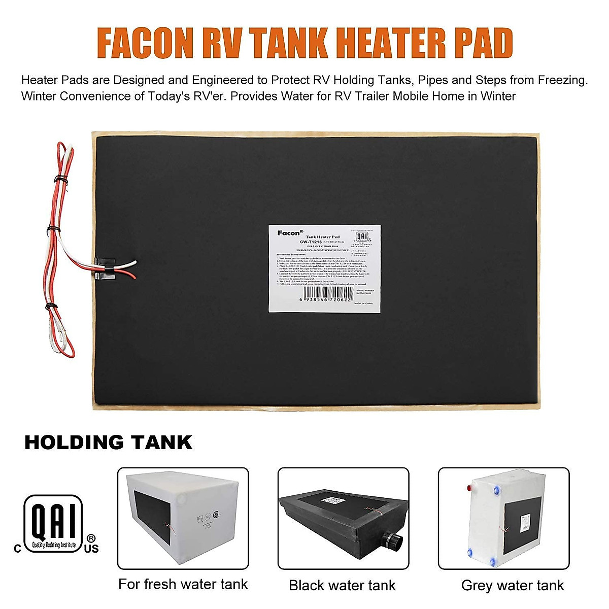Facon RV Holding Tank Heater Pad, Up to 50 Gallons Fresh Water/Grey Water/Black Water Holding Tank Heating Pad with Automatic Thermostat Control