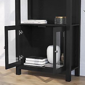 Merrick Lane Omaha Storage Cabinet Bookcase, Modern Farmhouse Cabinet with Open Shelves, Lower Storage Cabinet with Glass Doors, 67.75", Black