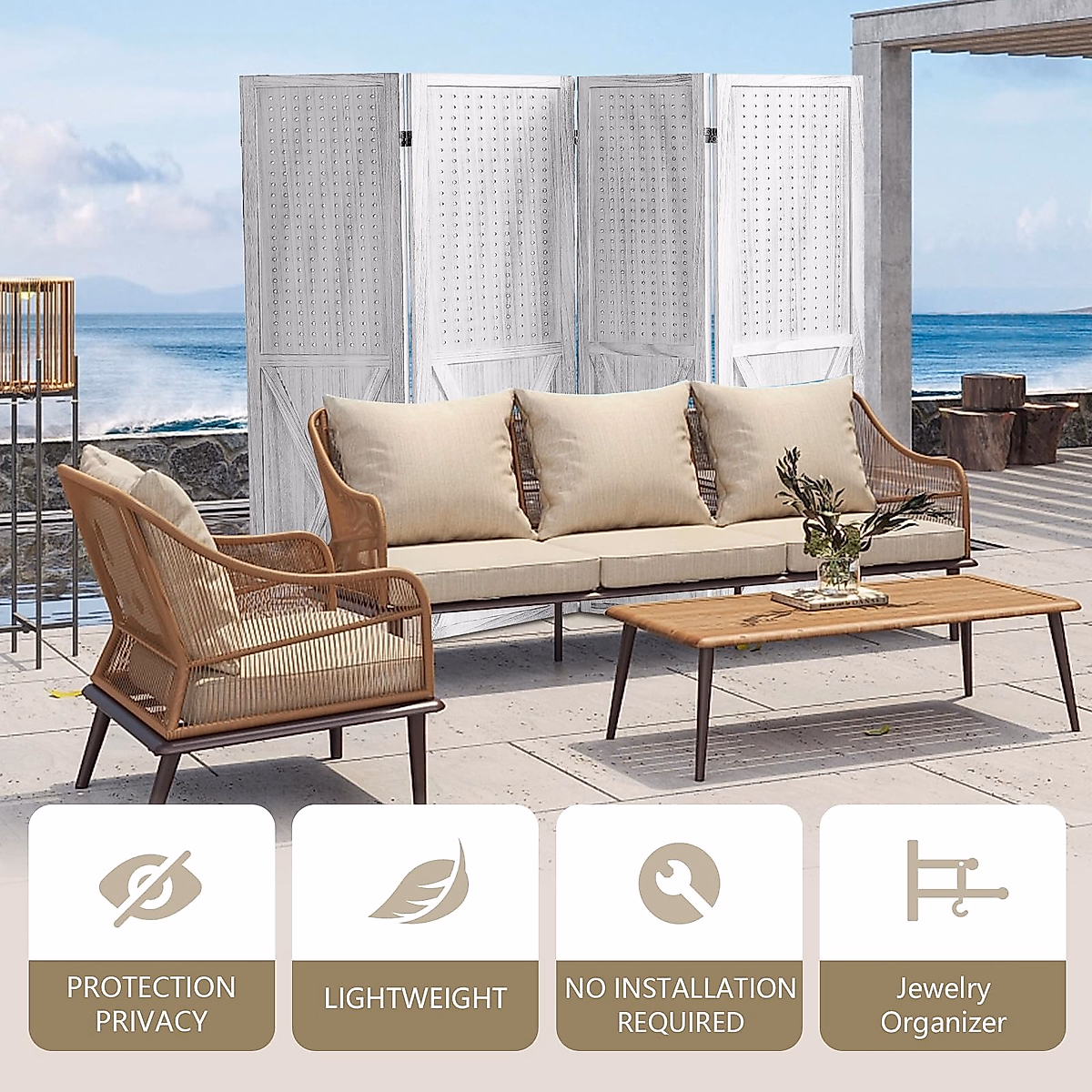 Leesinwing 4 Panel Pegboard Display, 5.6Ft Wood Room Dividers and Folding Privacy Screens, Peg Board Room Divider, Portable Display Board Organizer for Art, Jewelry, Crafts Display Racks, Off White