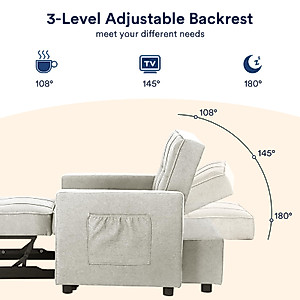 Rovibek Pull Out Sofa Chair 3 in 1 Convertible Sleeper Chair Bed Single Sofa Bed Chair Linen Sleeper Chair with Adjustable Backrest, Easy Assembly, White