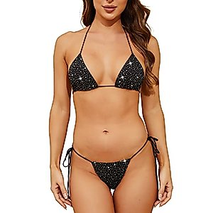 Oneheekini Sexy Bling Bikini for Women Sequin Sparkly Swimsuits Shiny String Crystal Rhinestones Thong Bikini (Black)
