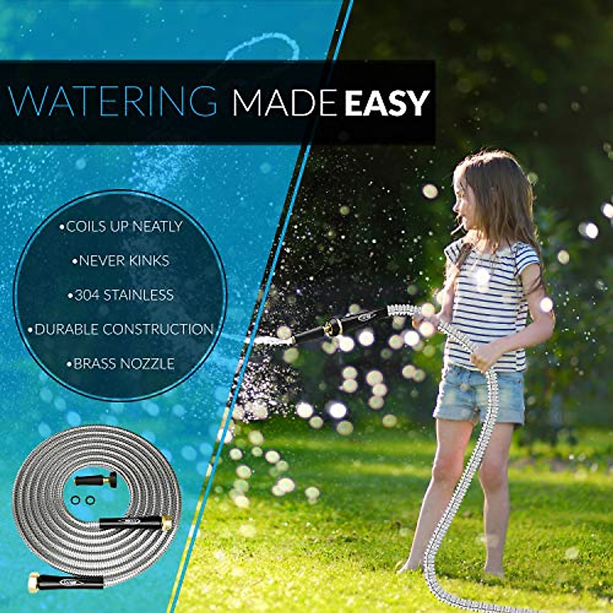 TITAN 150FT Metal Garden Hose - Flexible Water Hose with Solid 3/4" Brass Connectors 360 Degree Brass Jet Sprayer Nozzle - Lightweight Kink Free Strong and Durable Heavy Duty 304 Stainless Steel