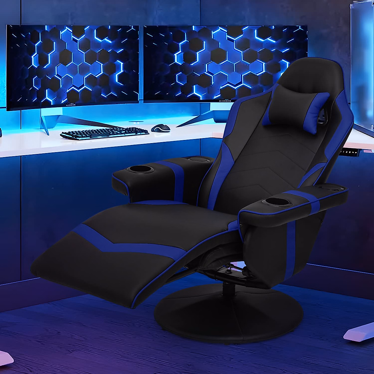 MoNiBloom Massage Video Gaming Chair with 2 Speakers, Swivel Ergonomic Gaming Lounging Pedestal Recliner Chair with Neck Support, Built-in Cupholders and Storage Bag, Comfortable Theater Chair, Blue