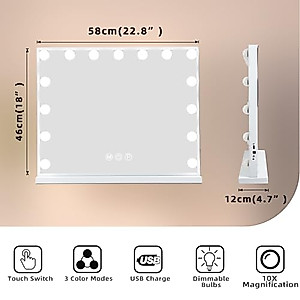 Fenair Vanity Mirror with Lights 22.8"x 18.1" Makeup Mirror with Lights and 15 Dimmable Bulbs,3 Colors Modes,Hollywood Mirror with USB Charging Port and 10X Detachable Magnification Mirror