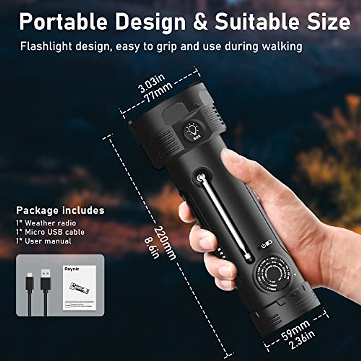 Emergency Weather Radio with 5 Flashlight Modes Raynic 3000 Hand Crank Solar Battery Powerd NOAA Weather Radio with AM/FM, SOS Alarm, Reading Lamp for Home Outdoor Camping (Black)