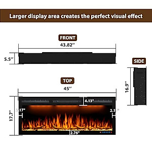 Dreamflame 45inch Linear Electric Fireplace, Recessed & Wall Mounted Fireplace Inserts Electric Heater with Ultra Narrow Bezel, Multiple Flame Effect, Ideal Home Decoration, 750W/1500W, Blackk