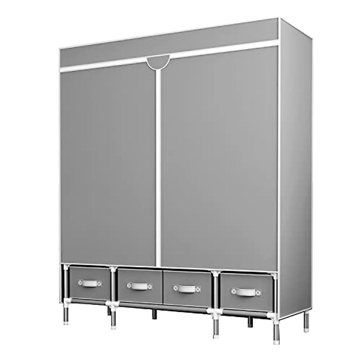 ASSICA Portable Clothes Closet Rolling Door Wardrobe with Hanging Rack Non-Woven Fabric Storage Organizer with Four Drawer Boxes No-Tool Assembly - 59.0 x 17.7 x 67.0 ‘’ (Gray)