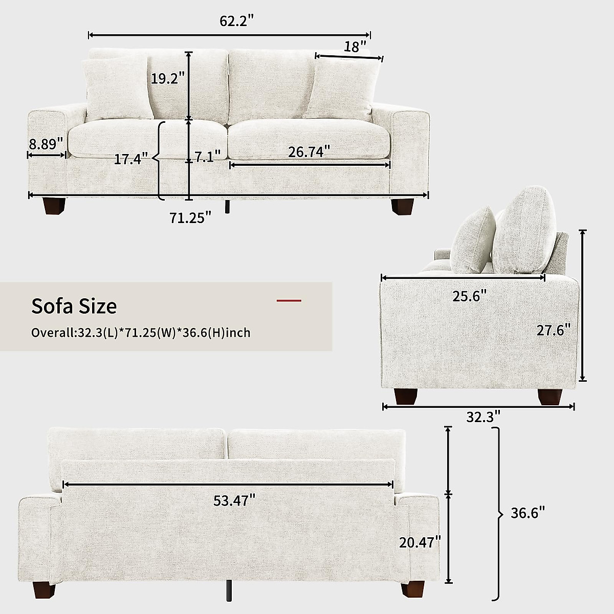 Czpalo 71.25" Chenille Sofa Couches for Living Room, 2 Seater Sofa with 2 Pillows, Small Modern Loveseat Couch for Small Spaces, Office (Beige, 71.25 inches)