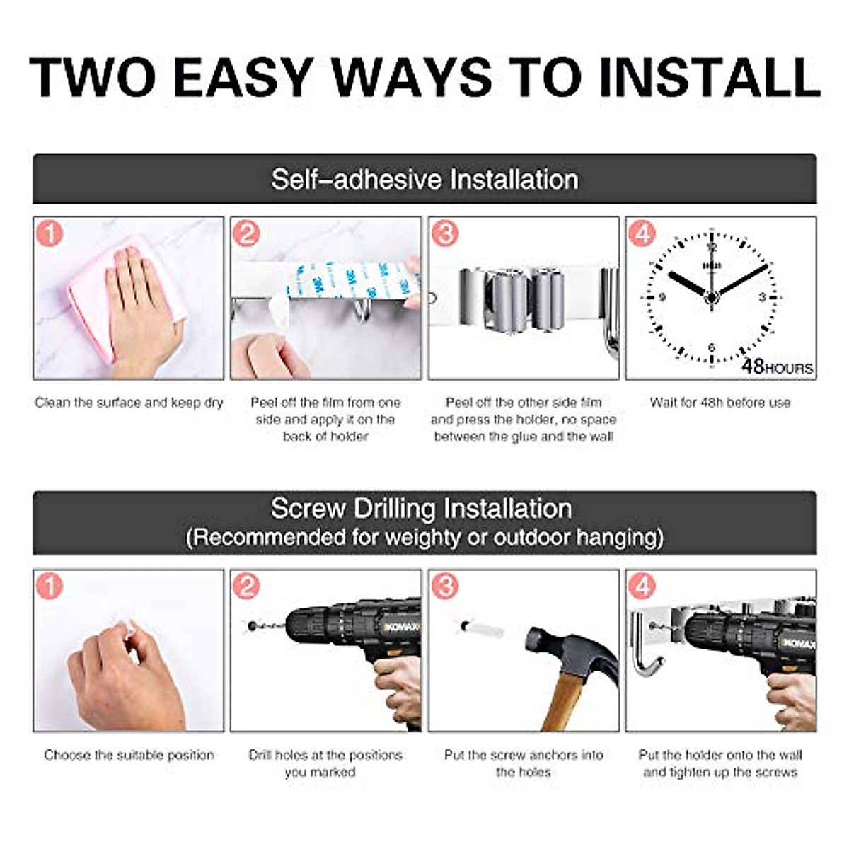 POPRUN Broom Mop Holder Wall Mount Stainless Steel Garden Tool Hanger Garage Organizer Home Kitchen Laundry Storage, 3 Racks 4 Hooks, Grey