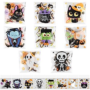LOMIMOS 200pcs Halloween Candy Bags,Self-Adhesive Cellophane Treat Bags 8 Styles Cute for Kids Gift Packing Party Favor Supplies