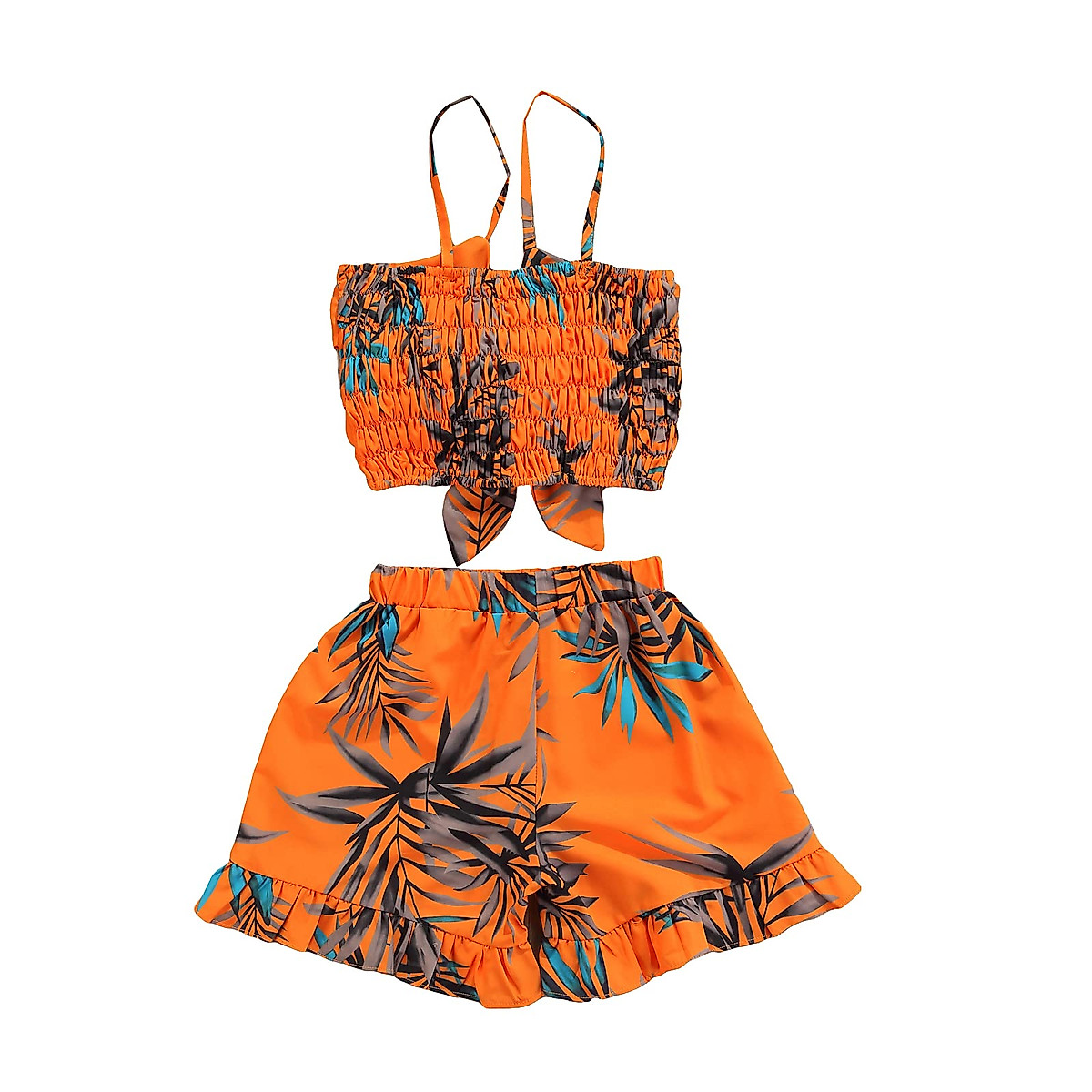 RSRZRCJ Kids Toddler Baby Girl Summer Outfits Strap Bow Cropped Tank Top Ruffle Palm Leaf Shorts Pants 2PCS Clothes Set (Orange+Leaf, 2-3T)
