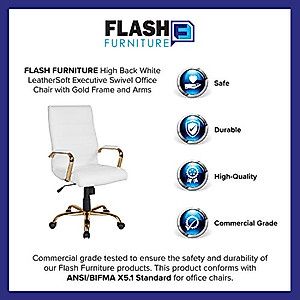 Flash Furniture Whitney High Back Desk Chair - White LeatherSoft Executive Swivel Office Chair with Gold Frame - Swivel Arm Chair