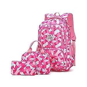 MITOWERMI 3Pcs Backpack for Girls Boys Kids Backpack with Lunch Box Pencil Case Water-resistant Lightweight Geometric-prints Bookbag for Elementary Middle School