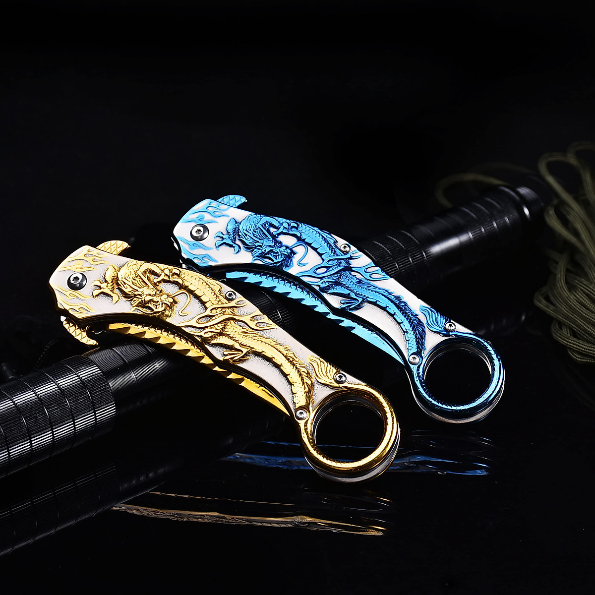 Pocket Knife for Men, Cool Folding Knife With 3D Golden & Blue Dragon Relief, Great Gift Edc Knife For Men Outdoor Survival Camping Hiking Hunting