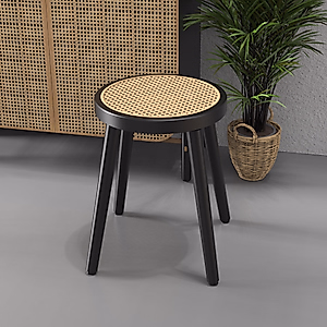 [PJ Collection] Natural Rattan Stool, Handcrafted Wood, Lightweight, Hand-Woven, No Tool Assembly (Round, Black)
