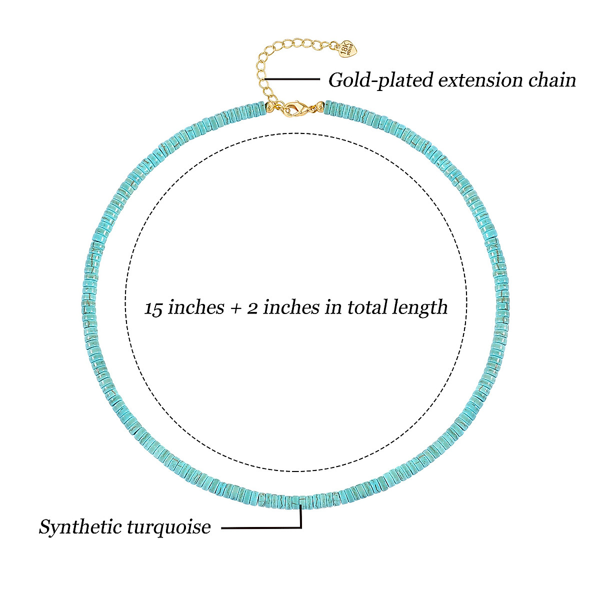 CANEVINKA Turquoise Gemstone Beaded Chain Necklace Boho Vintage Handmade Blue Turquoise Choker Necklace for Women Adjustable 18K Gold Plated 15”