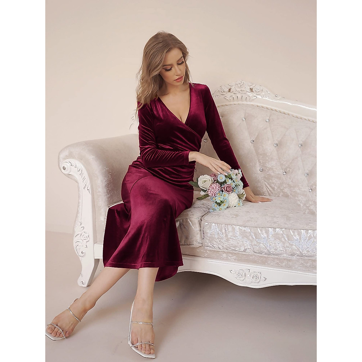 ZABERRY Burgundy Velvet Dress for Women Wedding Guest Ruched Winter New Years Eve Christmas Evening Party Dresses