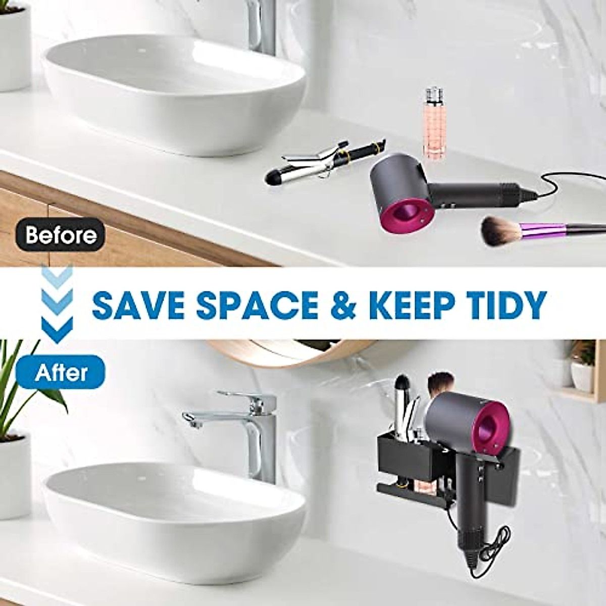 BOJDOPIE Hair Dryer Holder Wall Mounted, Blow Dryer Organizer for Bathroom, Aluminum Alloy Multi-functional Hair Dryer Rack for Dyson Supersonic, Morden Black