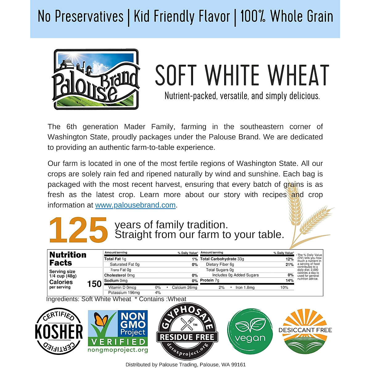 Certified Glyphosate Residue Free Soft White Wheat Berries | 100 LBS | Desiccant Free | Sproutable | Non-GMO Project Verified | Kosher