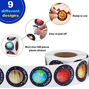 Zonon 500 Pieces Solar System Stickers Realistic Earth Planet Roll Stickers Outer Space Stickers 9 Space Designs Motivational Stickers for Solar System Party Educational Decorations Supplies