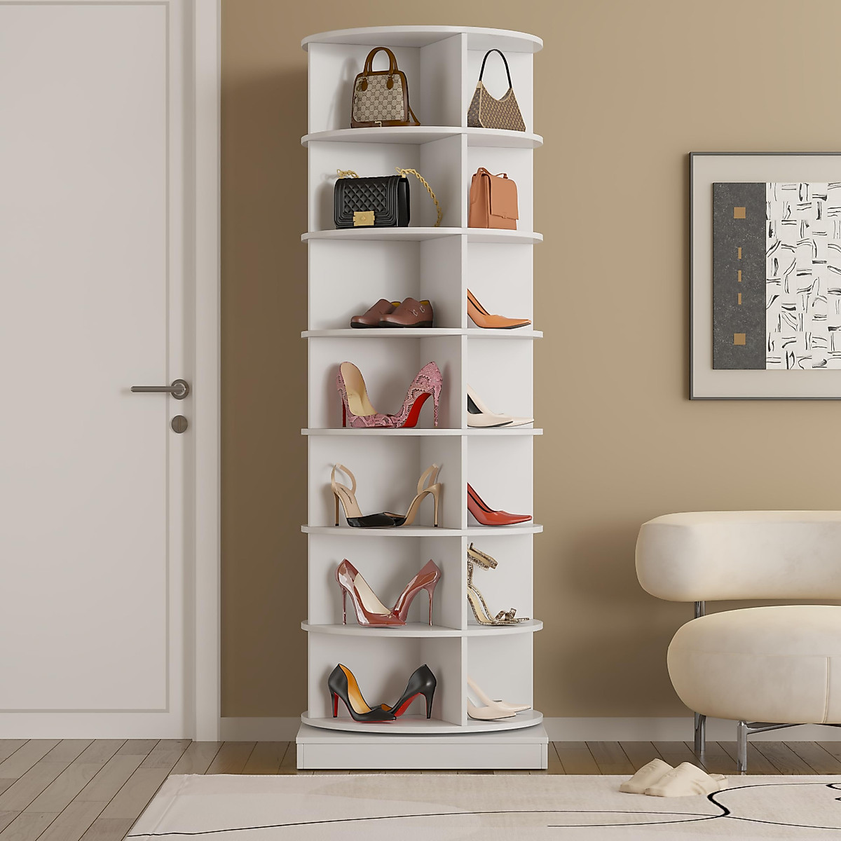 Maotifeys Rotating Shoe Rack Tower, 7-Tier Spinning Shoe Rack, Free Standing 360° Revolving Shoe Organizer Can Hold 28 Pairs of Shoes for Entryway Living Room Hallway (7-Tier, White)