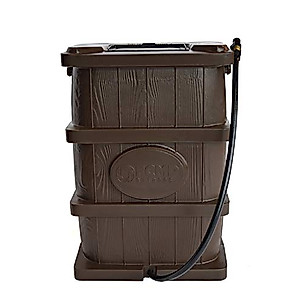 FCMP Outdoor Wood Grain 45-Gallon Rain Barrel - Water Rain Catcher Barrel with Flat Back for Watering Outdoor Plants, Gardens, and Landscapes, Brown